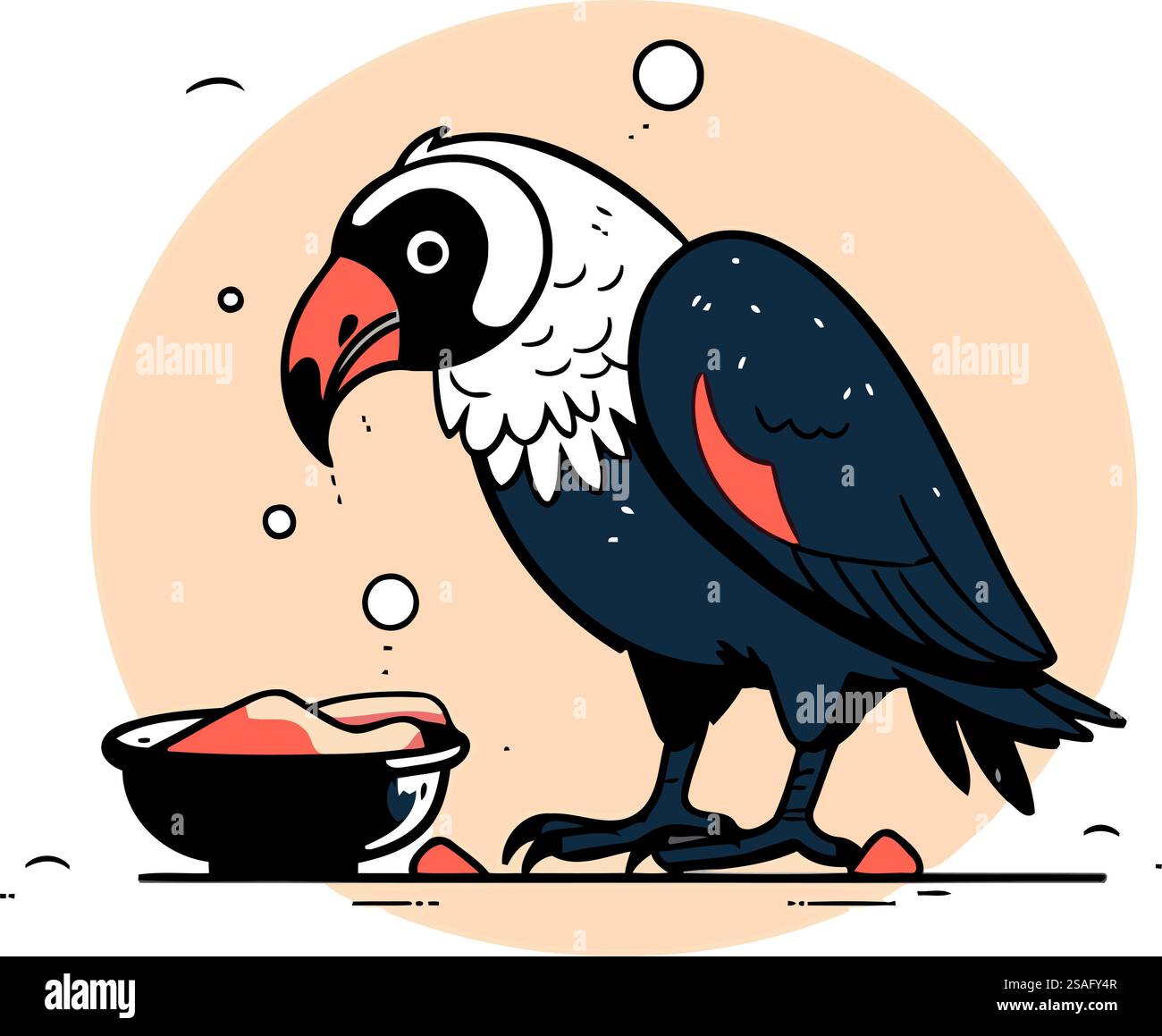 Vector illustration of a vulture eating a bowl of food. Cartoon style ...