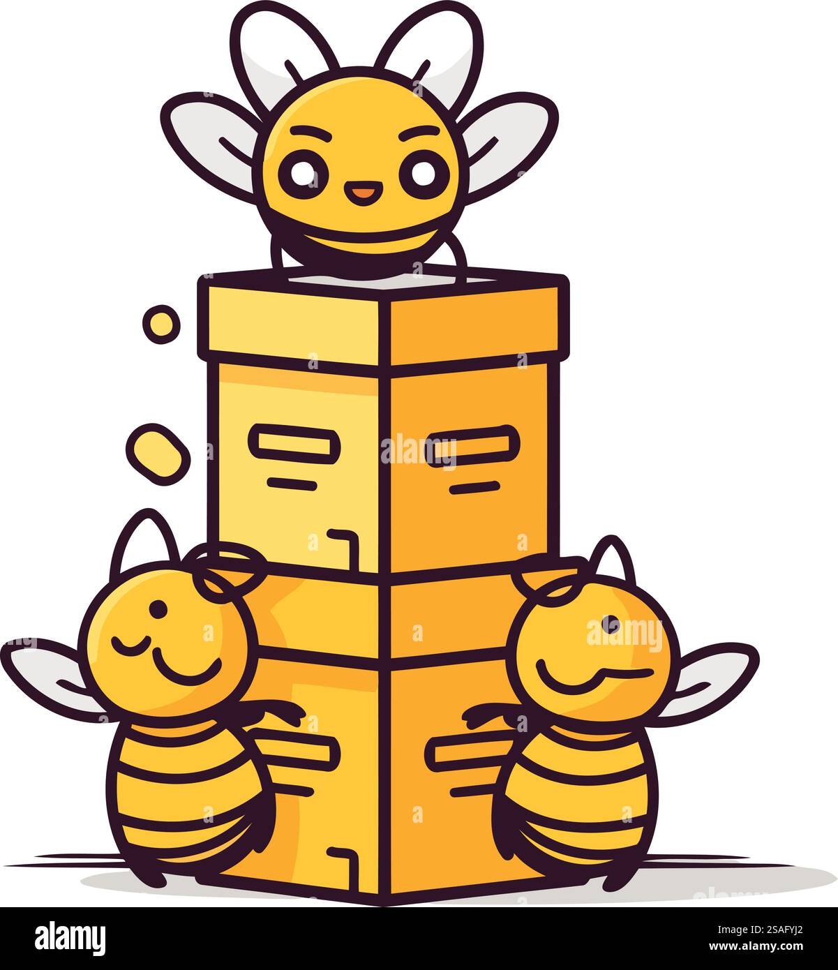 Cute cartoon bee family with boxes. Vector illustration isolated on ...