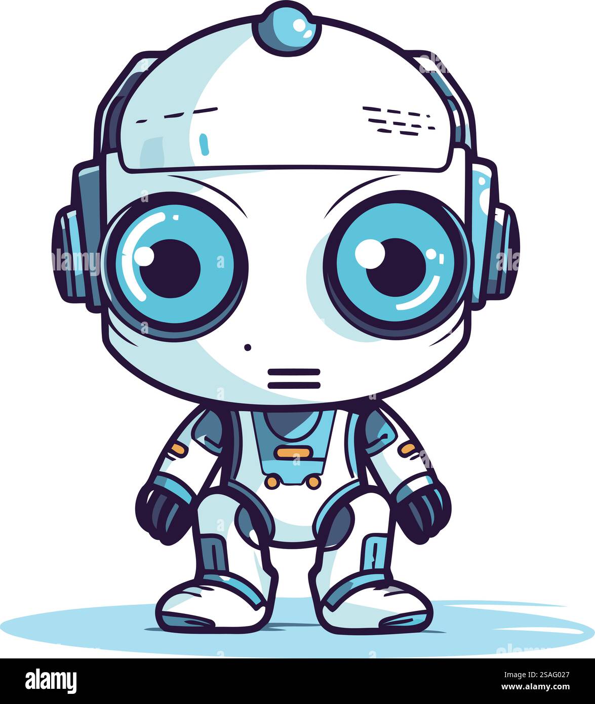 Cute cartoon robot with big eyes and headphones. Vector illustration ...