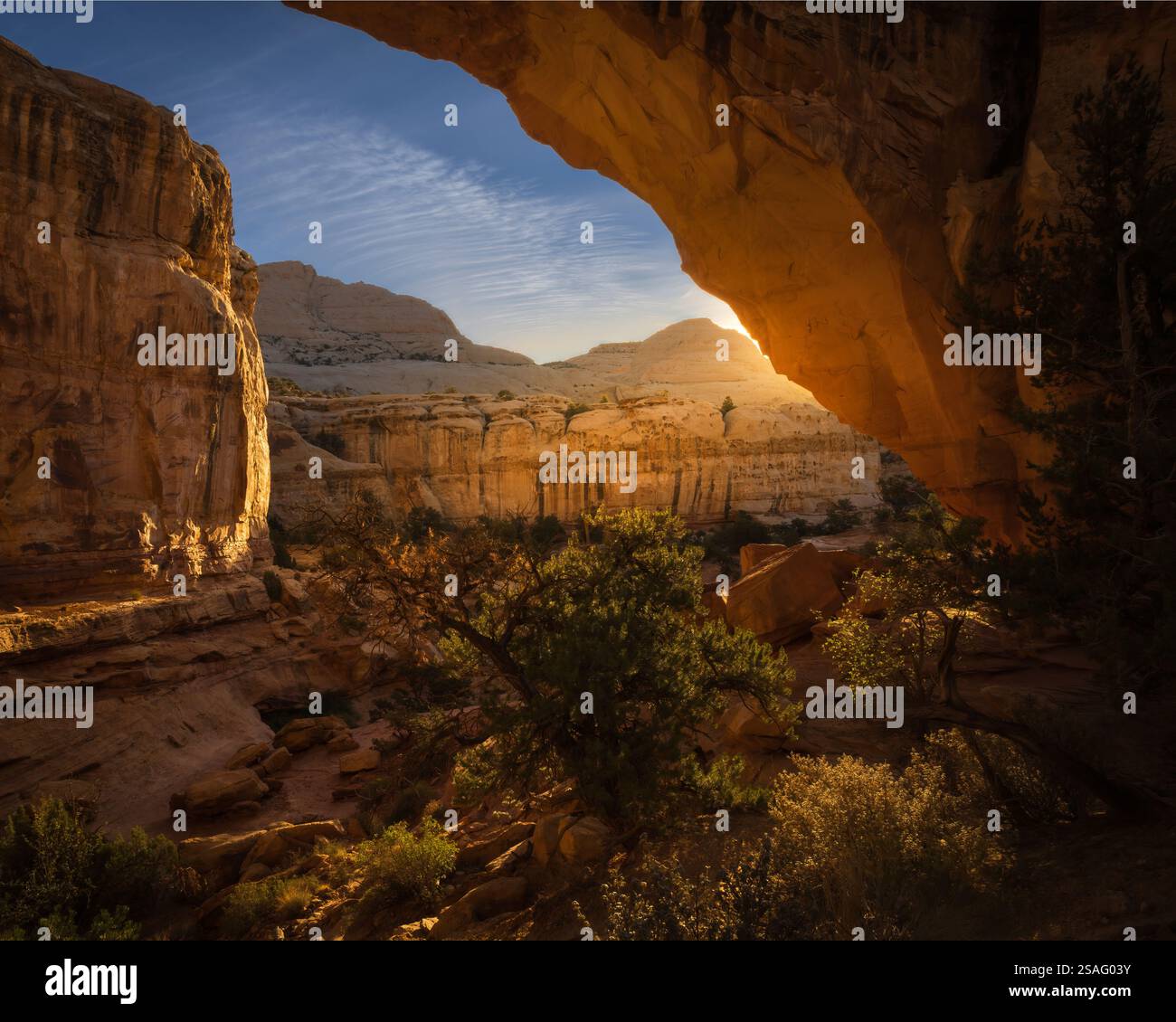 USA, Utah, Capital Reef National Park. Sunrise on rock formations Stock ...
