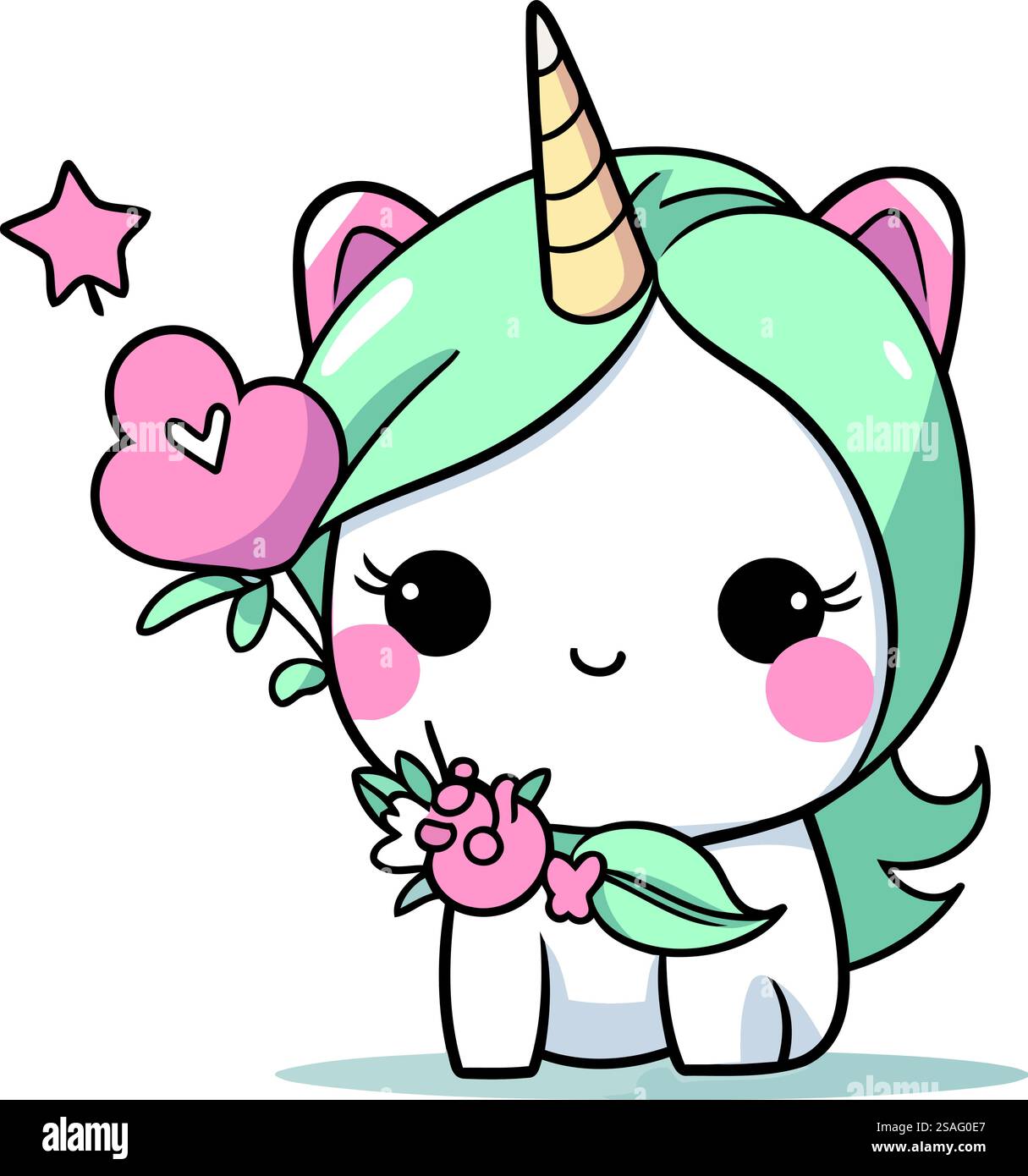 Cute unicorn with flowers and hearts. Vector illustration in cartoon ...