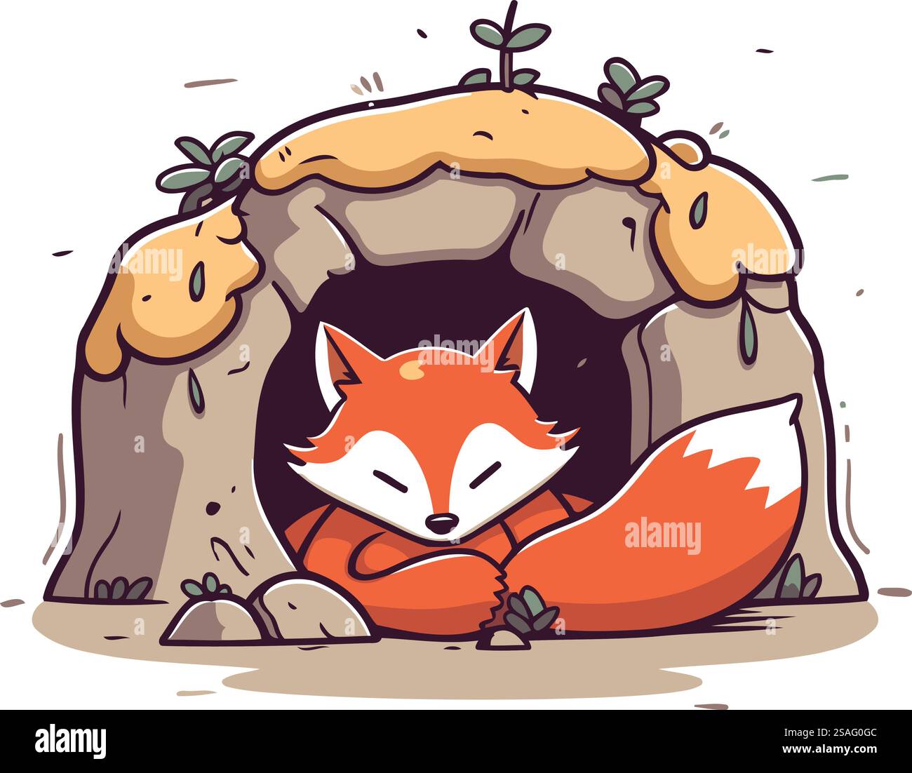Cute cartoon fox sleeping in cave. Vector illustration of wild animal ...
