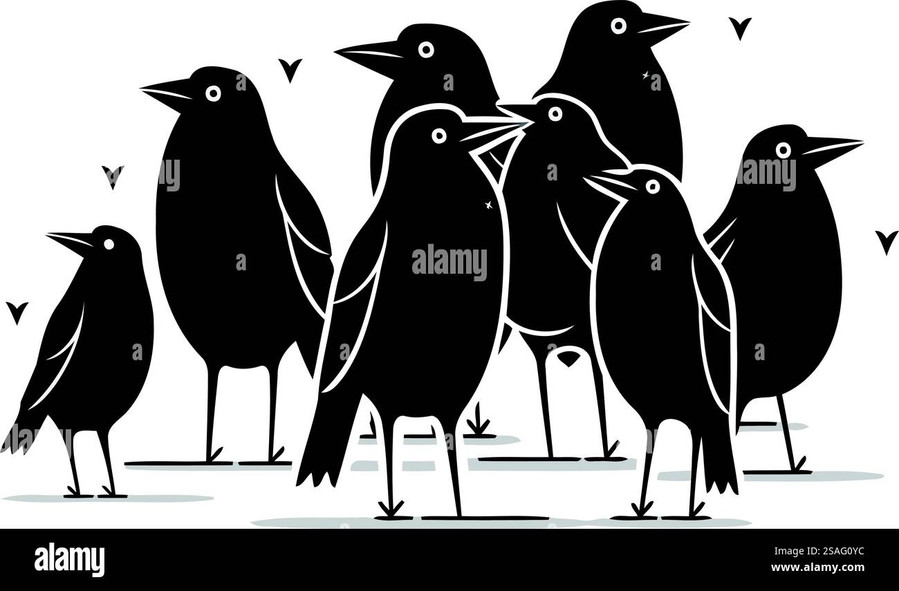 Crow family isolated on white background. Black and white vector ...