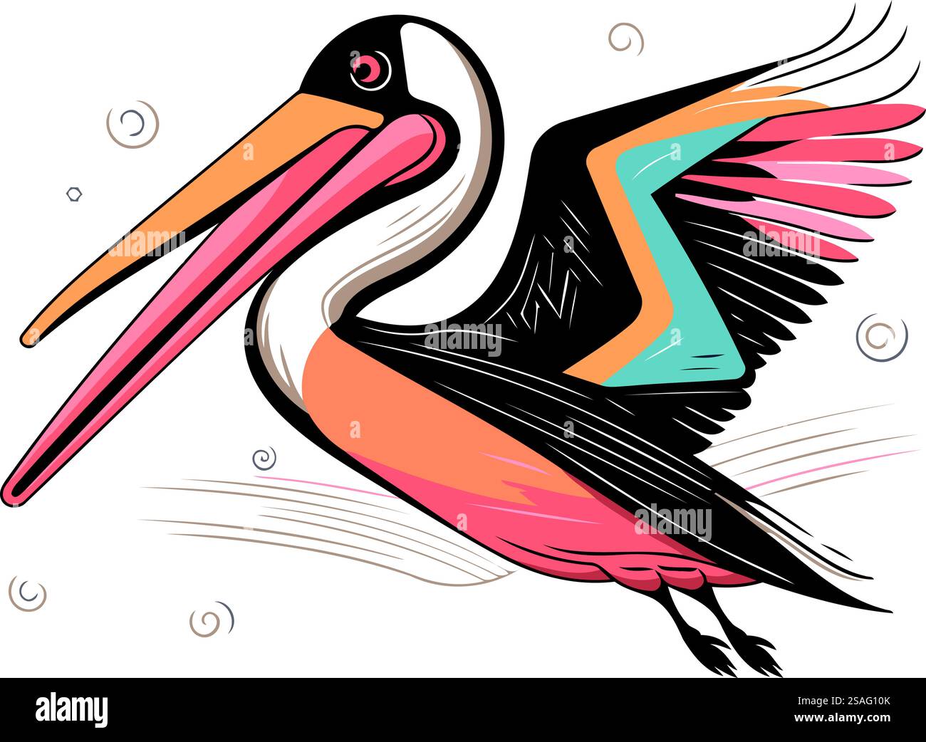 Colored pelican isolated on white background. Hand drawn vector ...