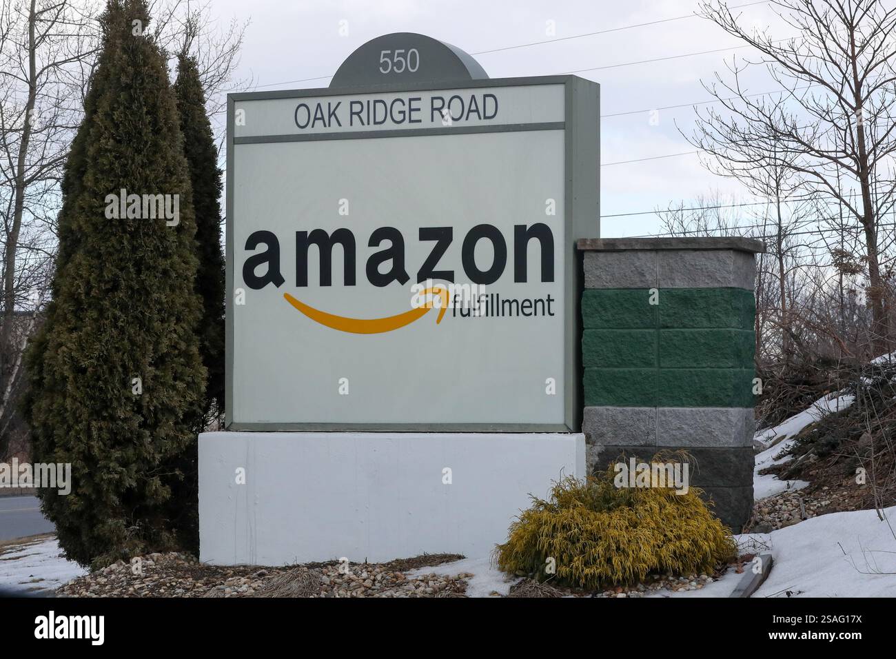 The Amazon logo is seen on a sign outside of the Amazon AVP1 ...