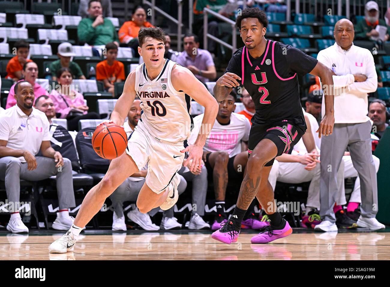 CORAL GABLES, FL - JANUARY 29: Virginia guard Taine Murray (10) drives ...