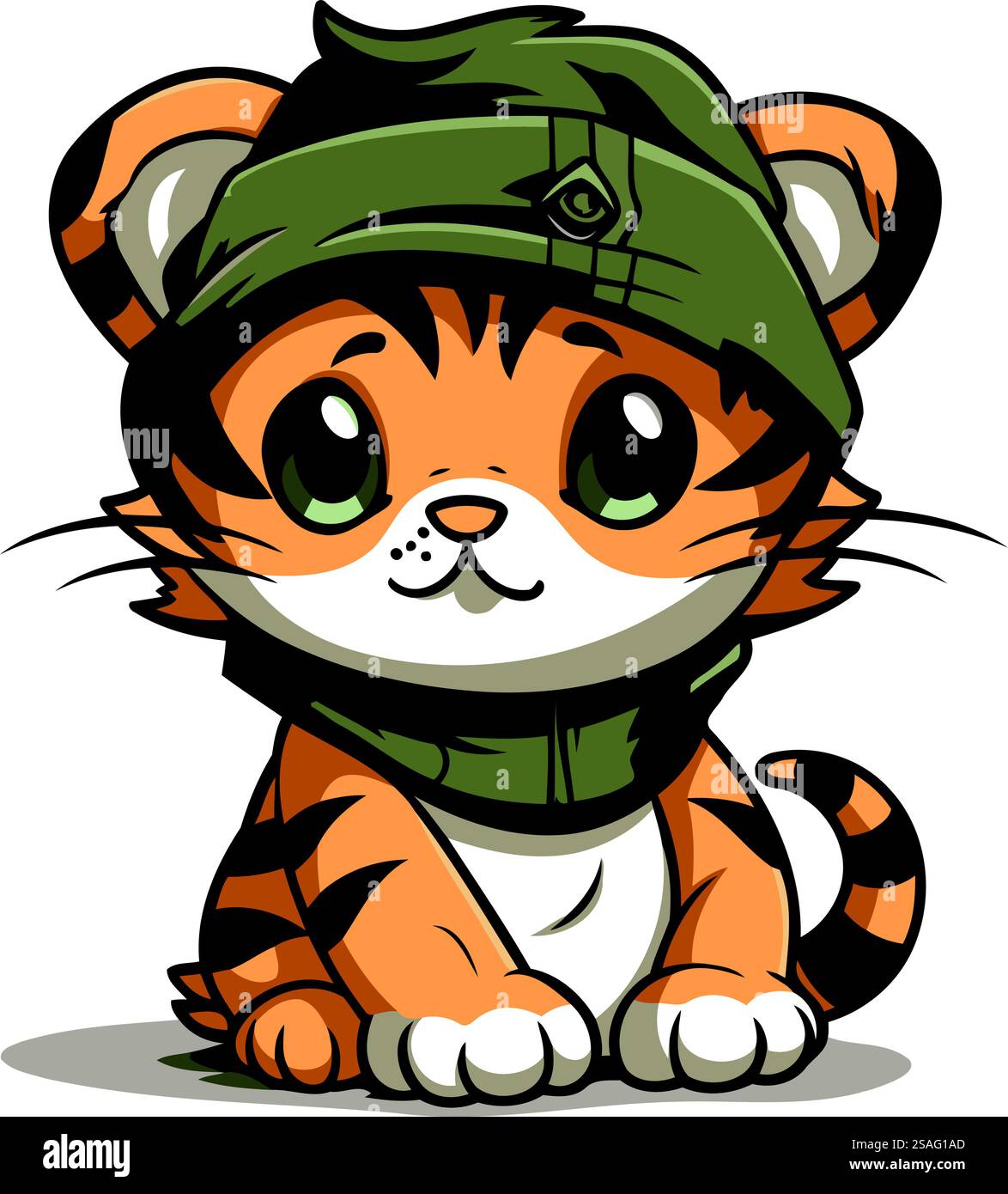 Cute cartoon tiger in a military cap. Vector illustration isolated on ...