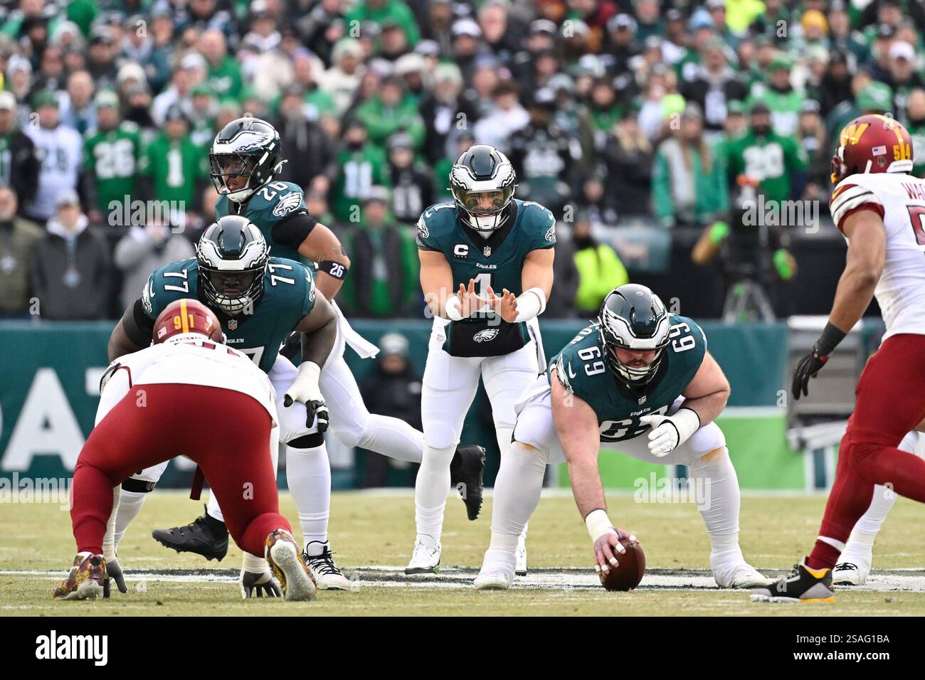 January 26, 2025, Philadelphia PA; Philadelphia Eagles quarterback Jalen Hurts (1) calls for the ...