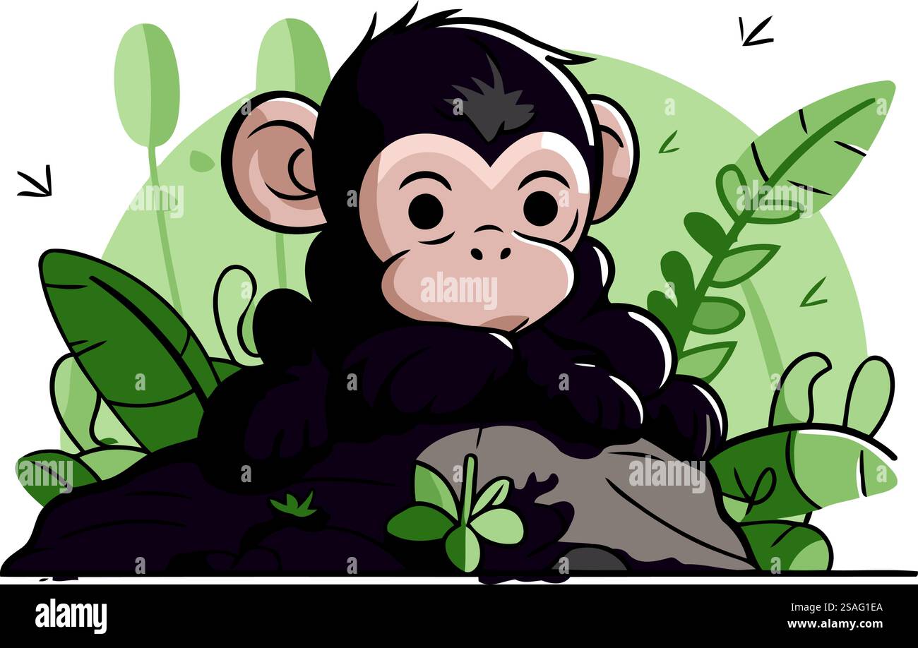 Cute monkey sitting on a rock in the jungle. Vector illustration Stock ...