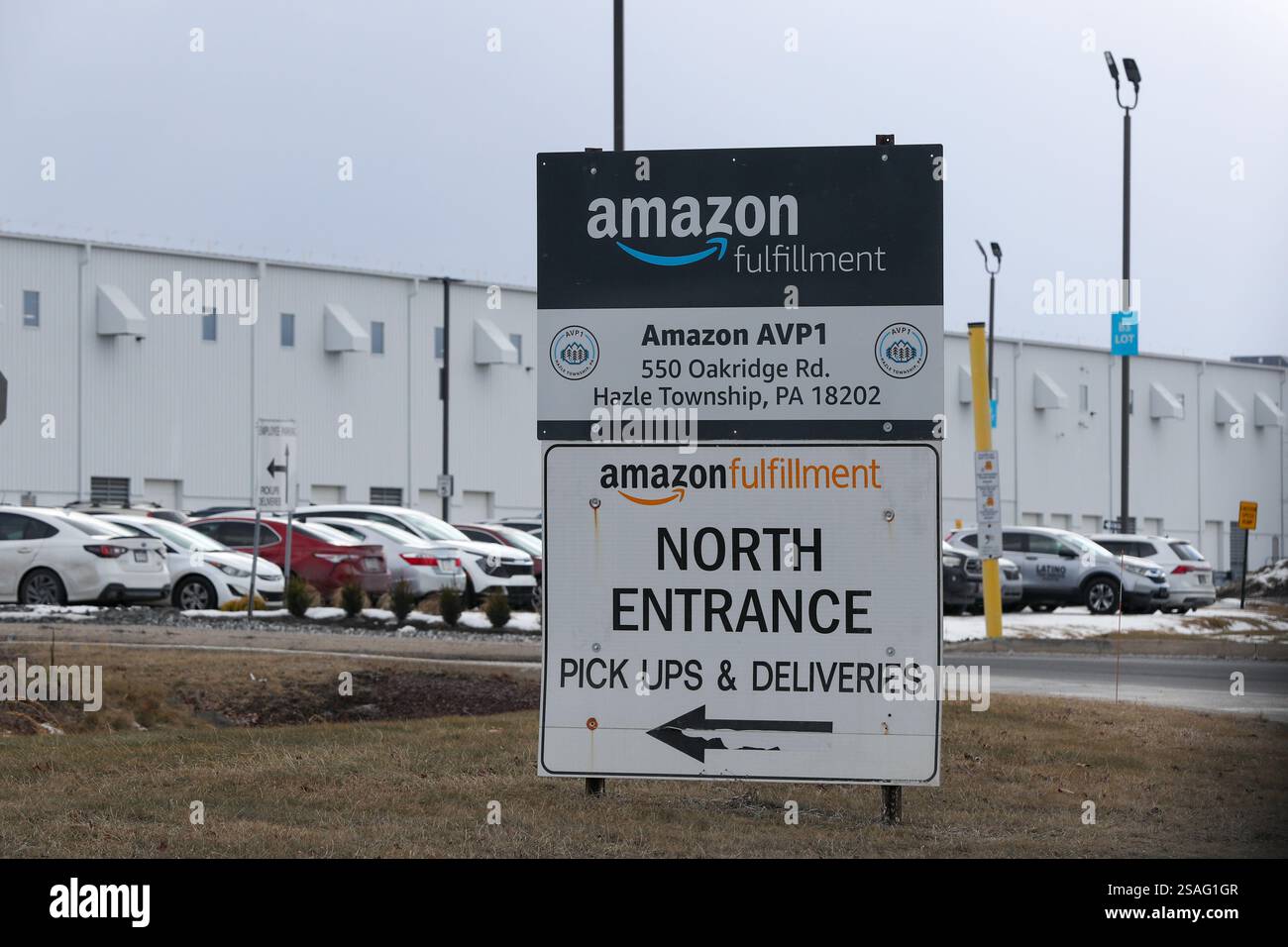 A sign is seen at the Amazon AVP1 fulfillment center at the Humboldt Industrial Park in Hazleton ...