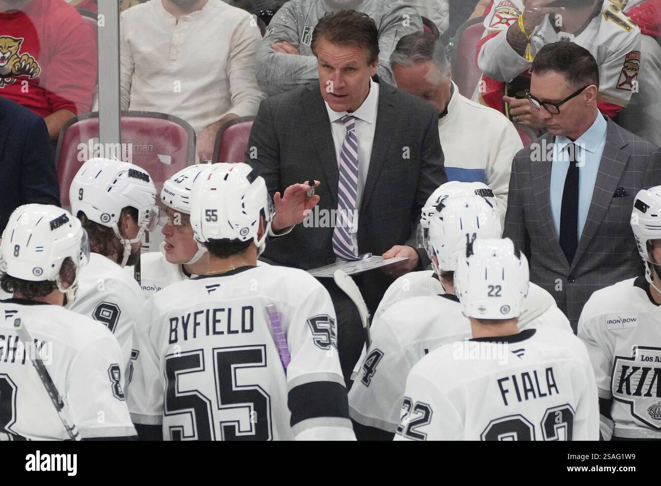 Los Angeles Kings head coach Jim Hiller talks to the team during the ...