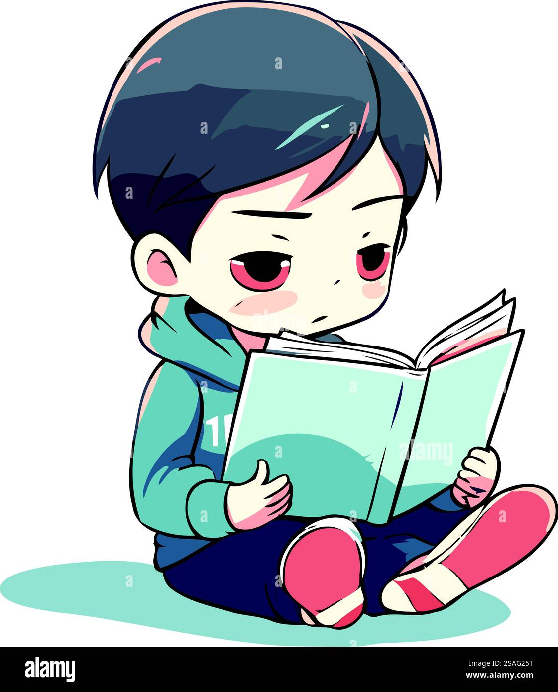 Cute cartoon boy reading book. Vector illustration isolated on white ...