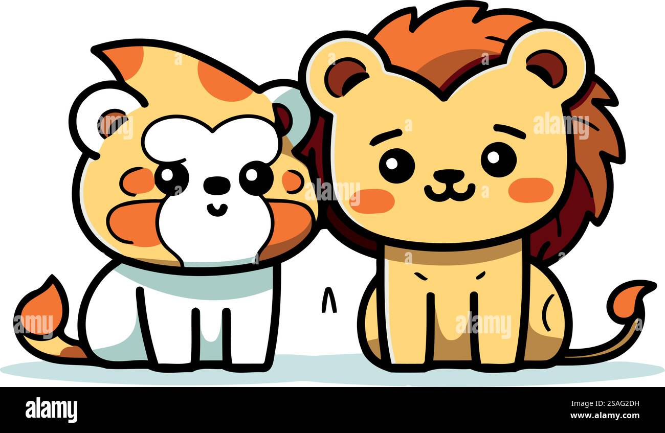 Cute lion and lioness cartoon animal character vector illustration ...