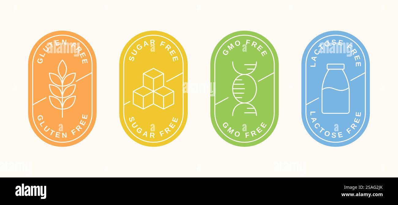Gluten free, sugar free, gmo free, lactose free colorful labels. Healthy food badges. Vector ...