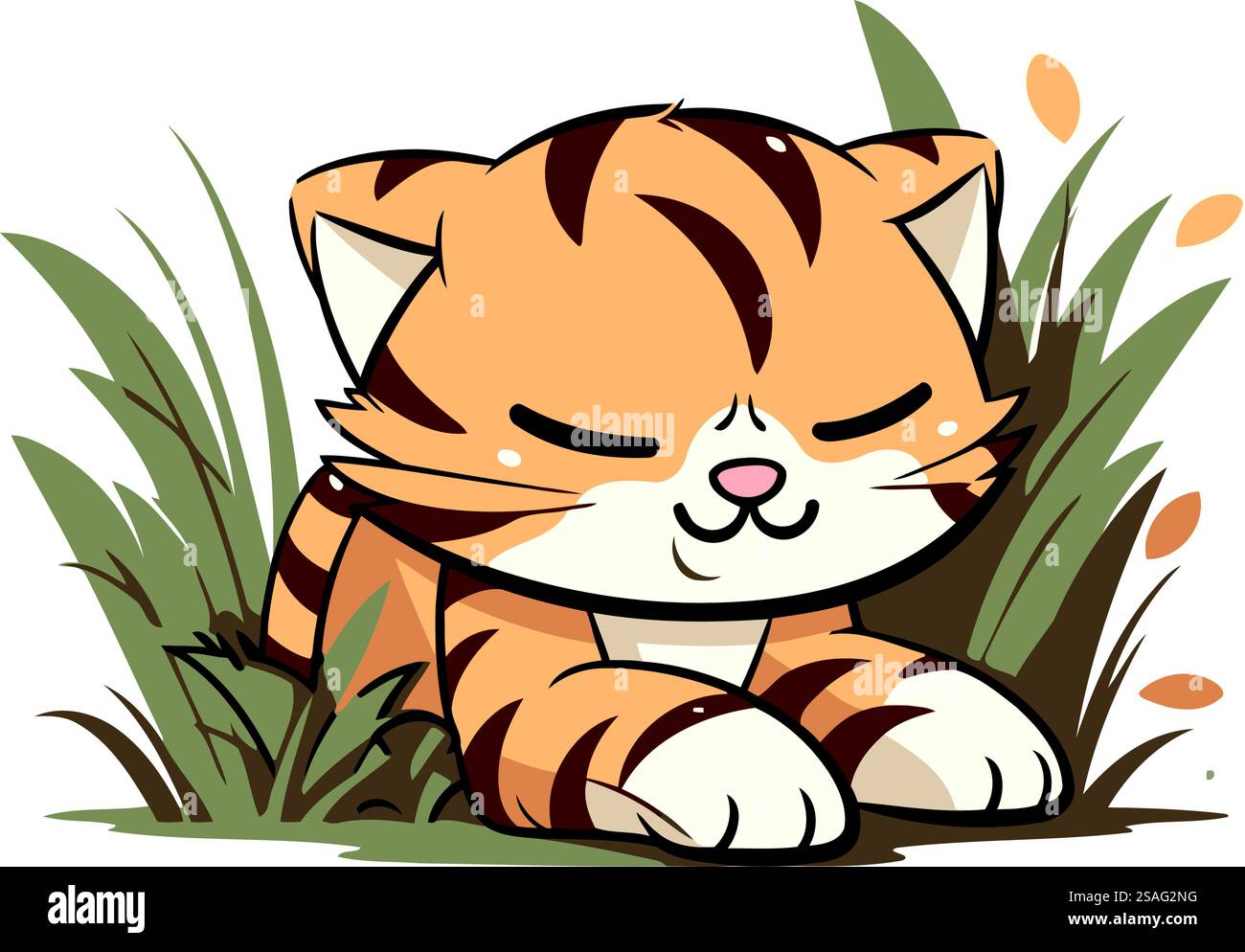 Cute cartoon tiger lying in grass. Vector illustration isolated on ...