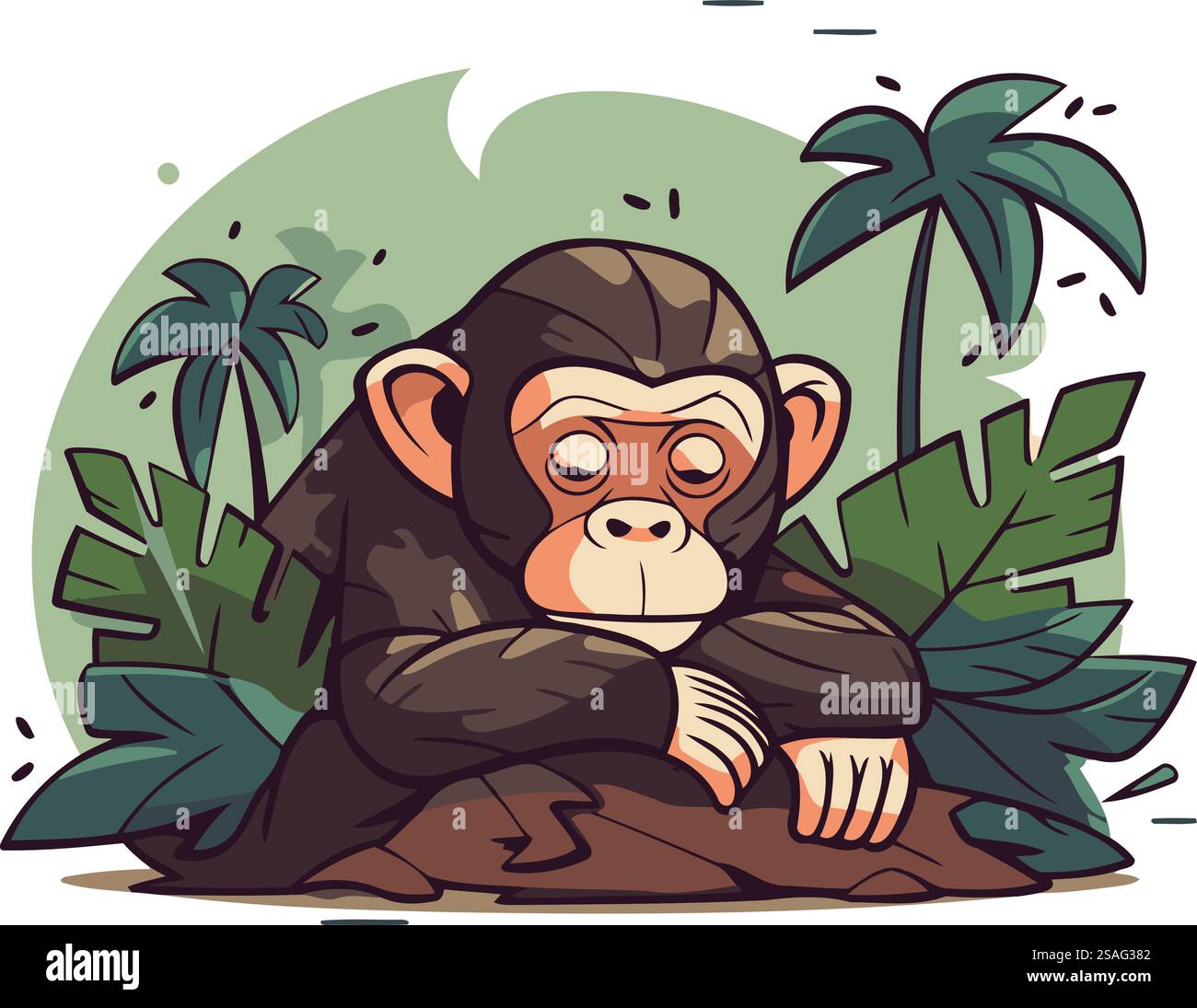 Monkey sitting on the rock in the jungle. Vector illustration Stock ...