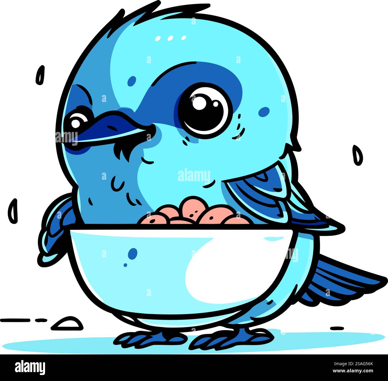Cute cartoon blue bird eating from a bowl. Vector illustration Stock ...