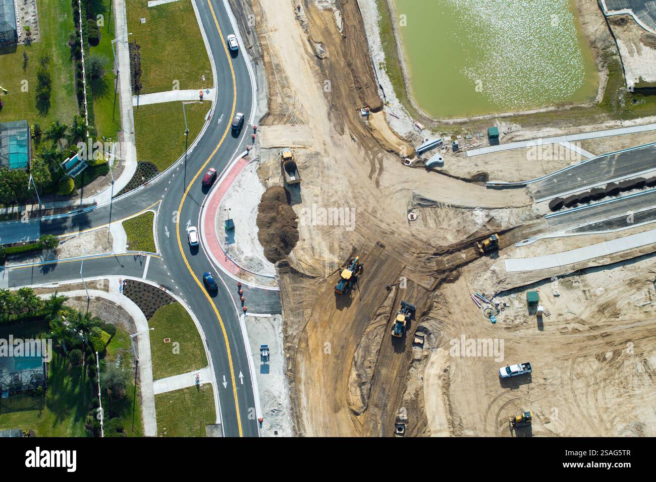 Aerial view of busy American highway road under construction ...