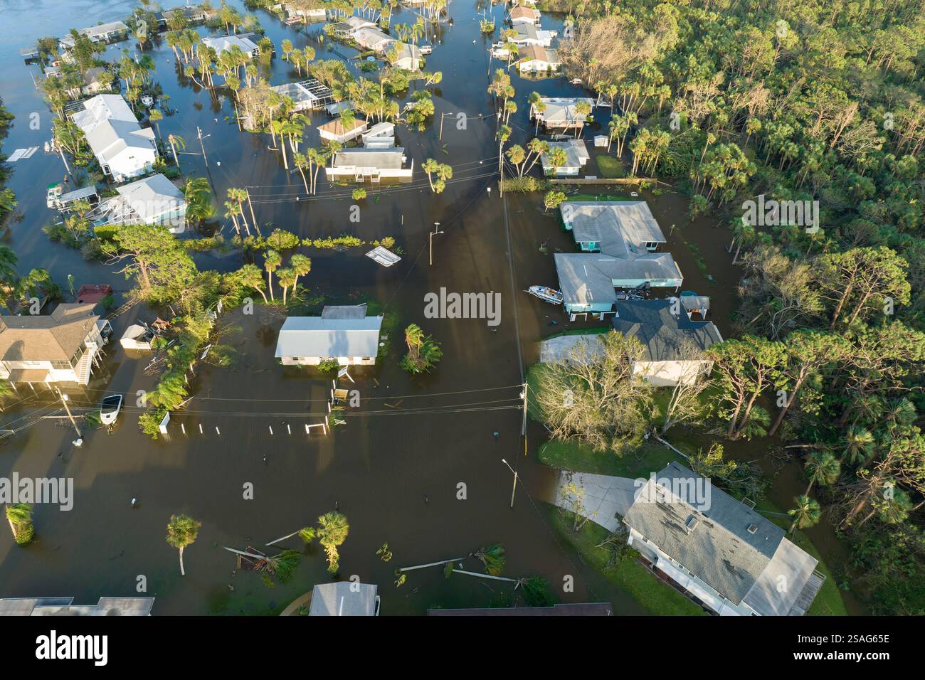 Aftermath of natural disaster. Surrounded by hurricane rainfall flood ...