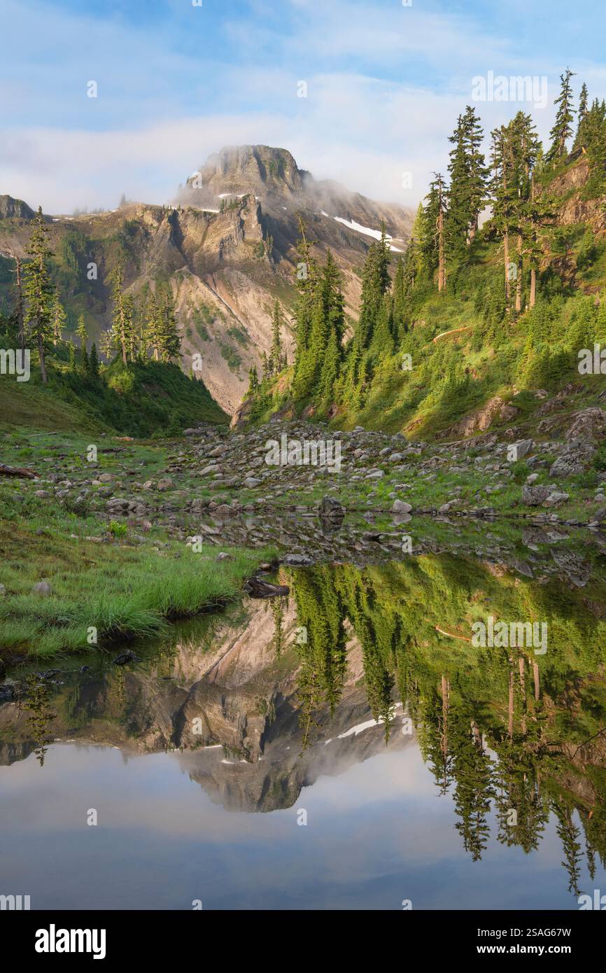 Table Mountain reflected in Bagley Lake. Heather Meadows, Mount Baker ...