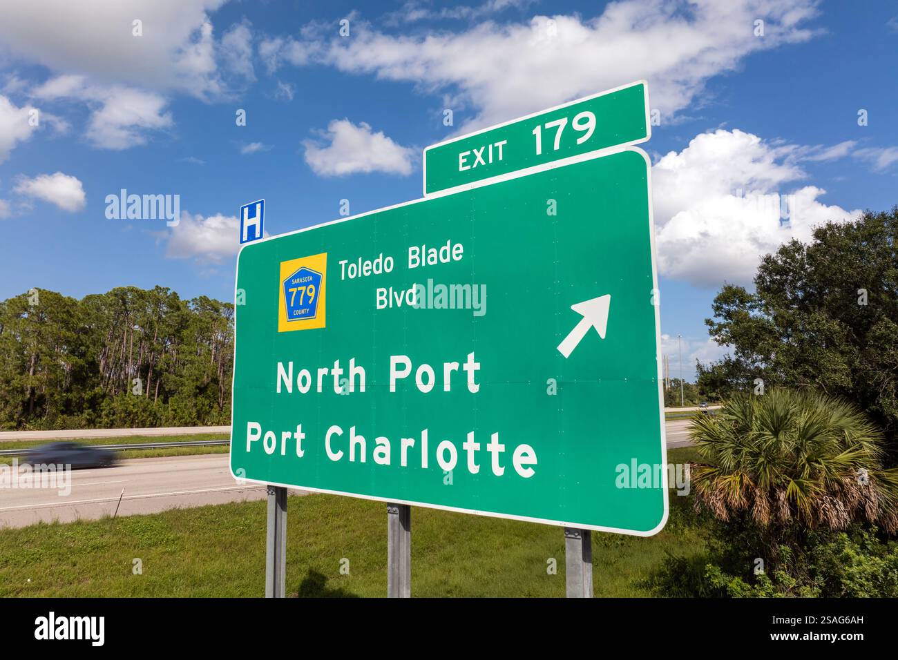 American interstate highway directional exit sign on fast motorway in ...