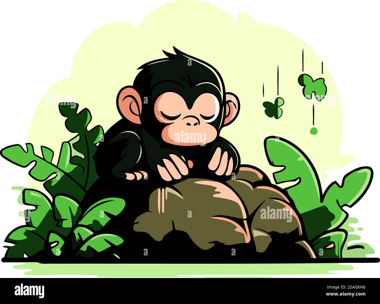 Monkey sitting on a rock in the jungle. Vector illustration Stock ...