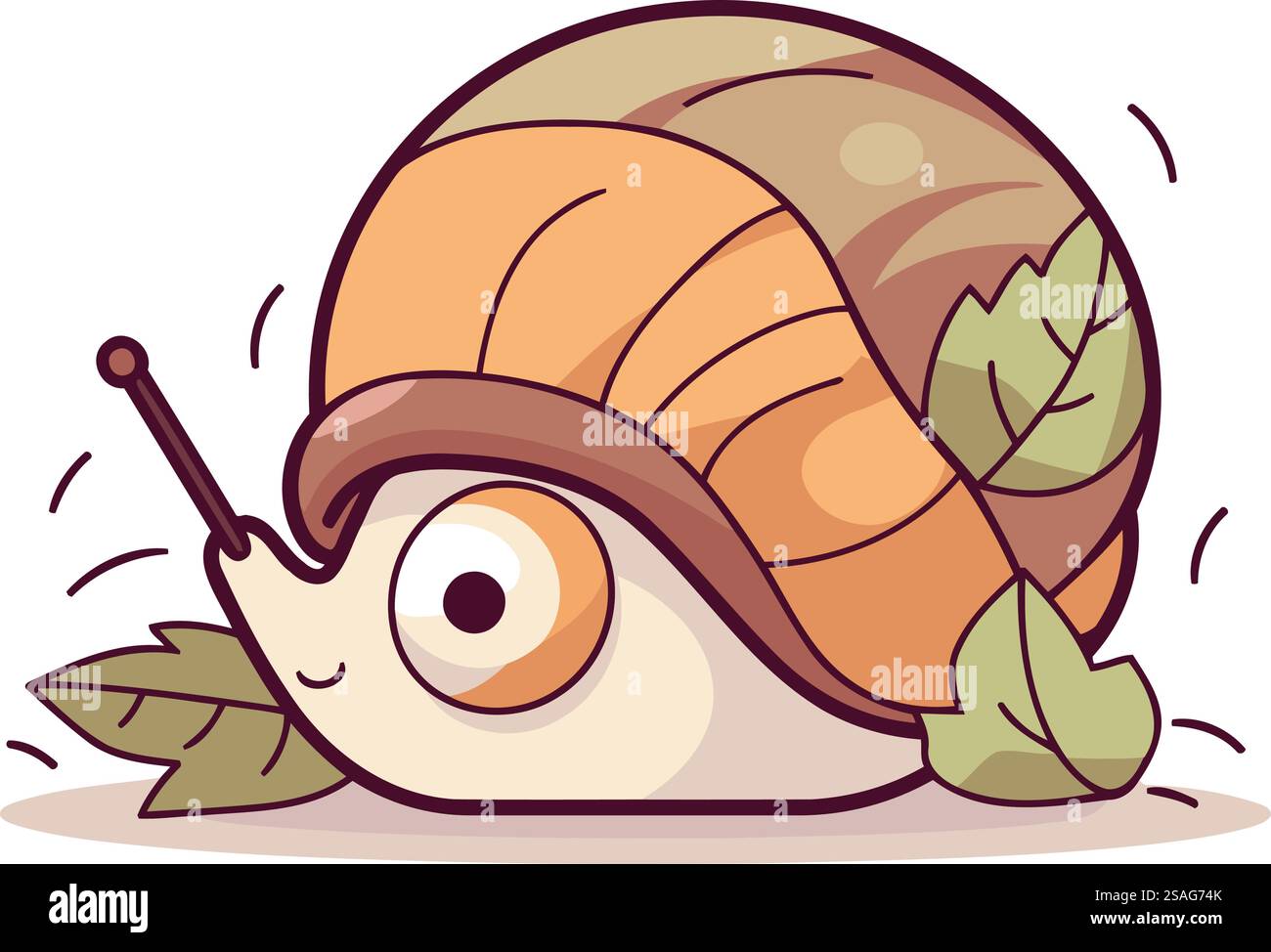 Cartoon snail with big eyes and green leaves on white background ...