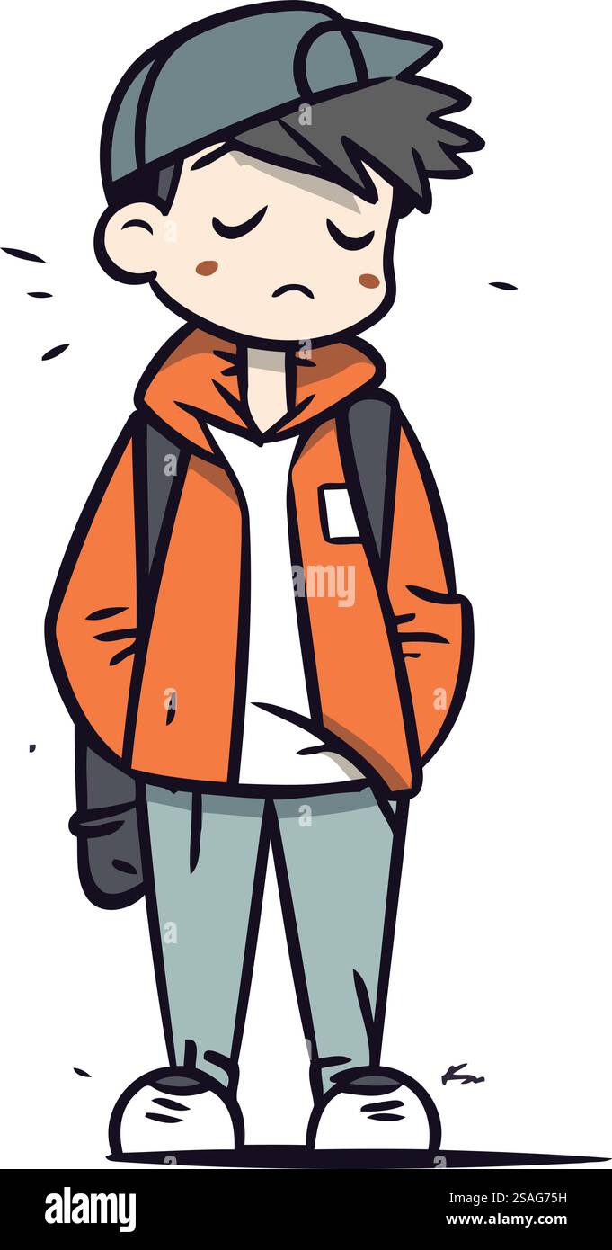 Sad boy with backpack. Vector illustration in doodle style Stock Vector ...