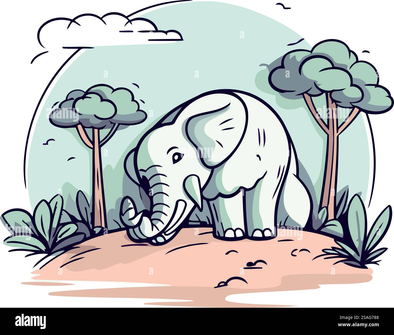 Elephant in the savannah. Vector illustration in cartoon style Stock ...