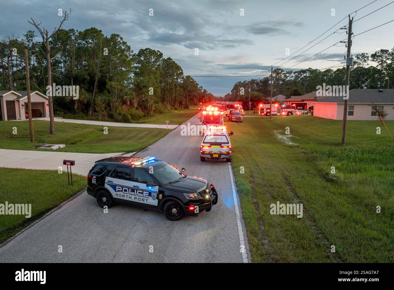 Fire engine trucks and ambulance vehicles responding to fire alarm ...