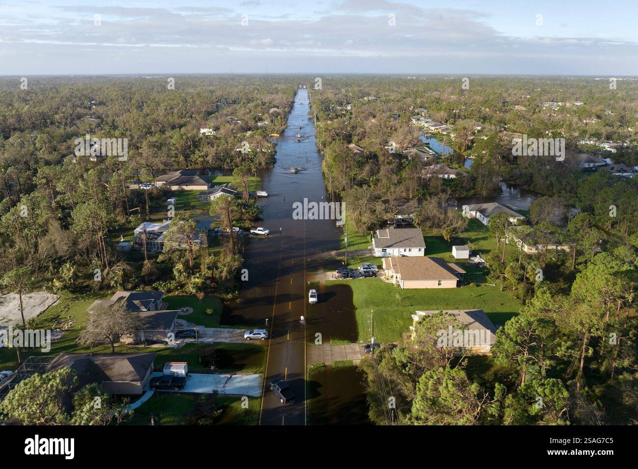Flooded road in Florida after heavy hurricane rainfall. Aerial view of ...