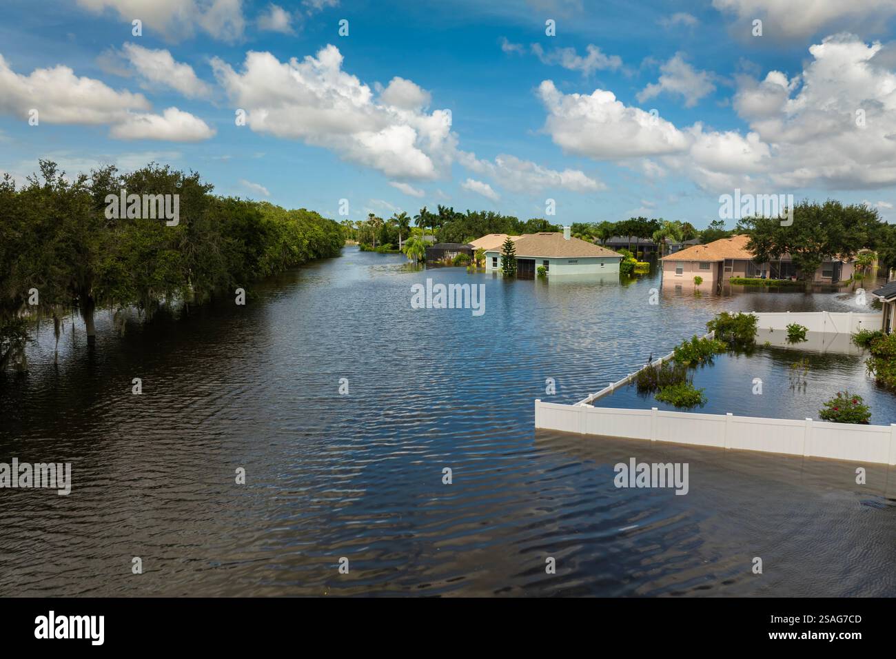 Flooded houses from hurricane rainfall water in Florida residential ...