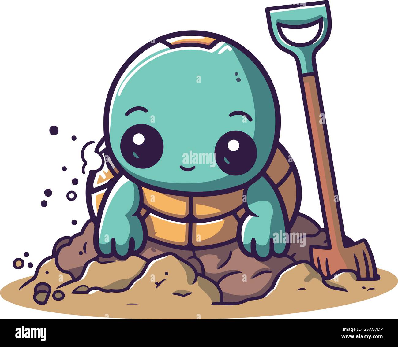 Cute turtle with a shovel in the sand. Vector illustration Stock Vector ...