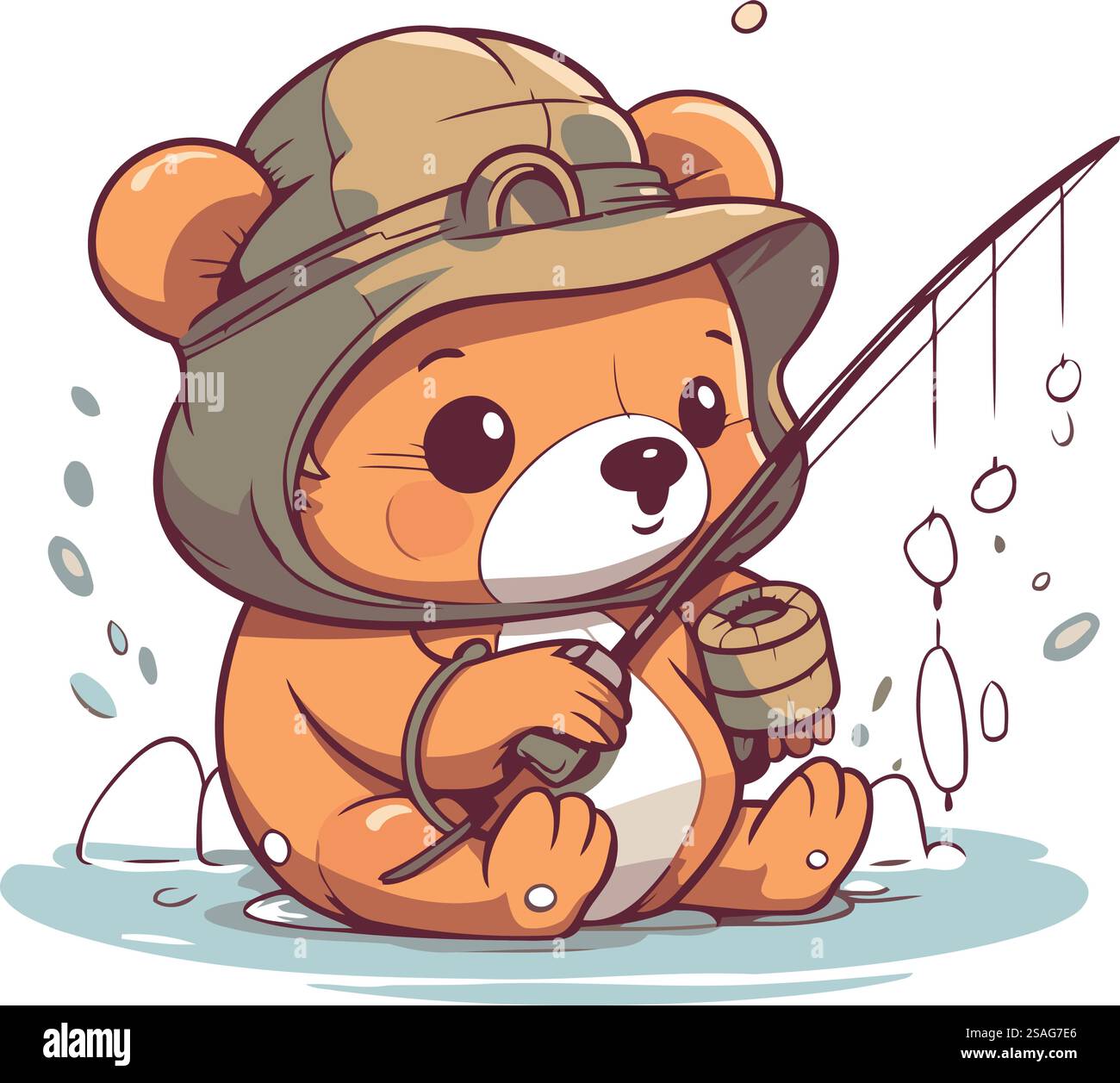 Cute cartoon bear with fishing rod. Vector illustration on white ...