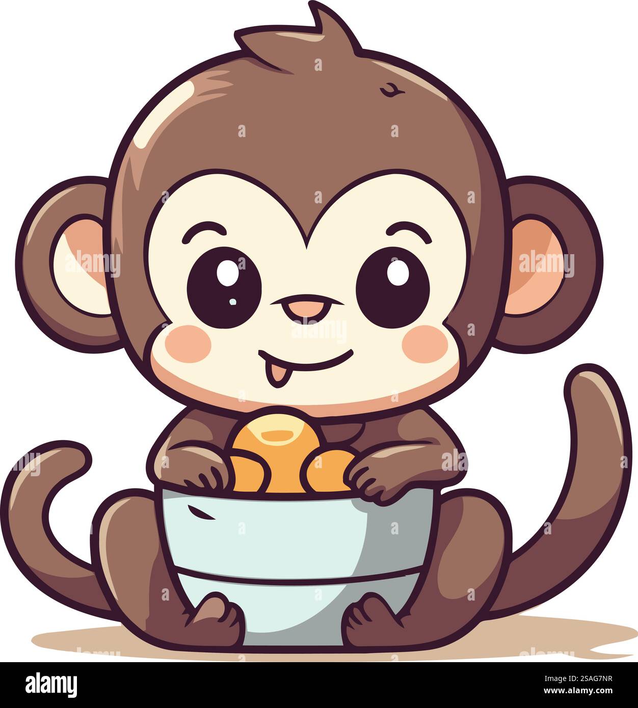 Cute Monkey Cartoon Mascot Character With Bowl Of Food Vector ...