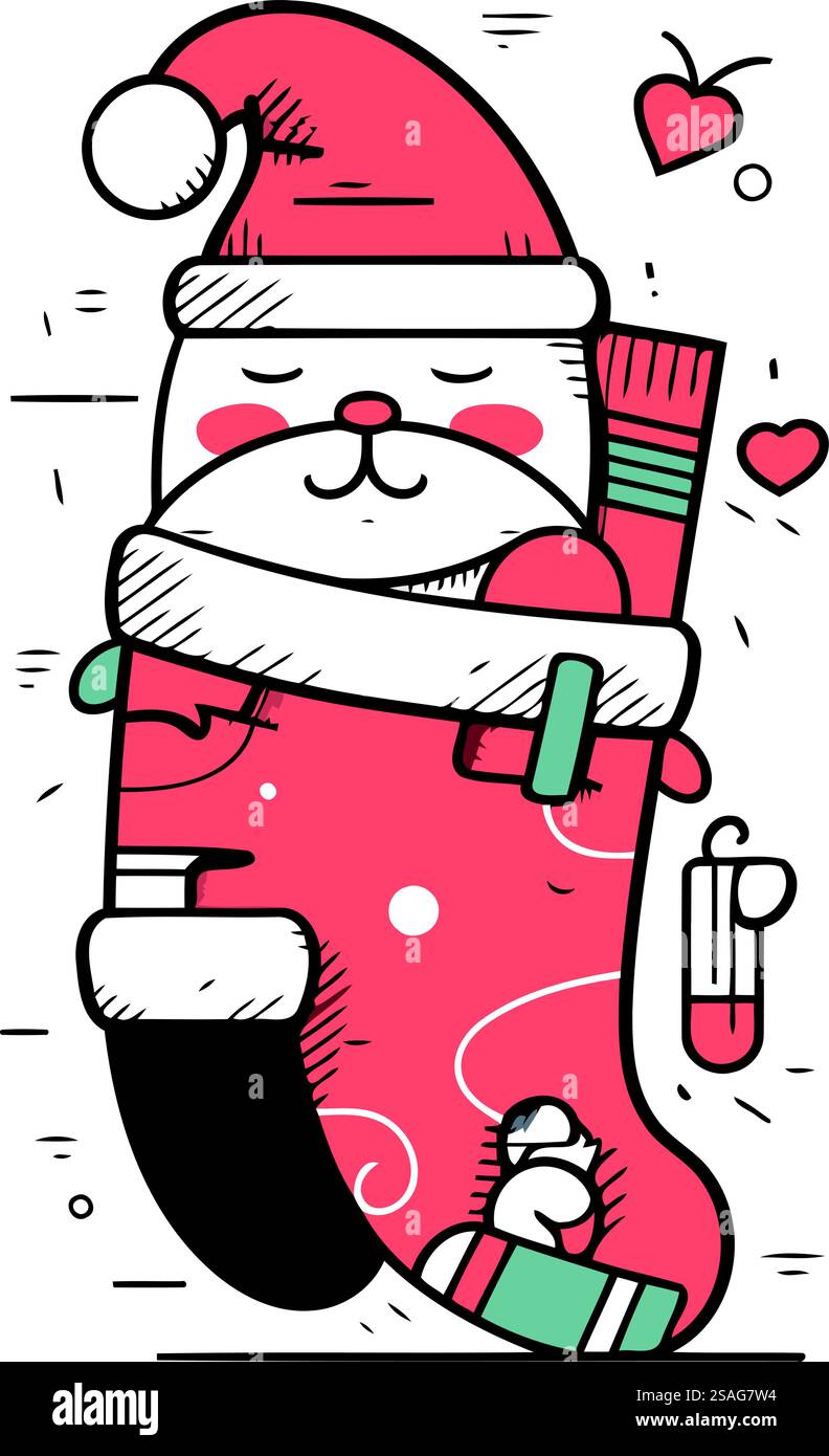 Cute Santa Claus in red sock with presents. Vector illustration Stock ...