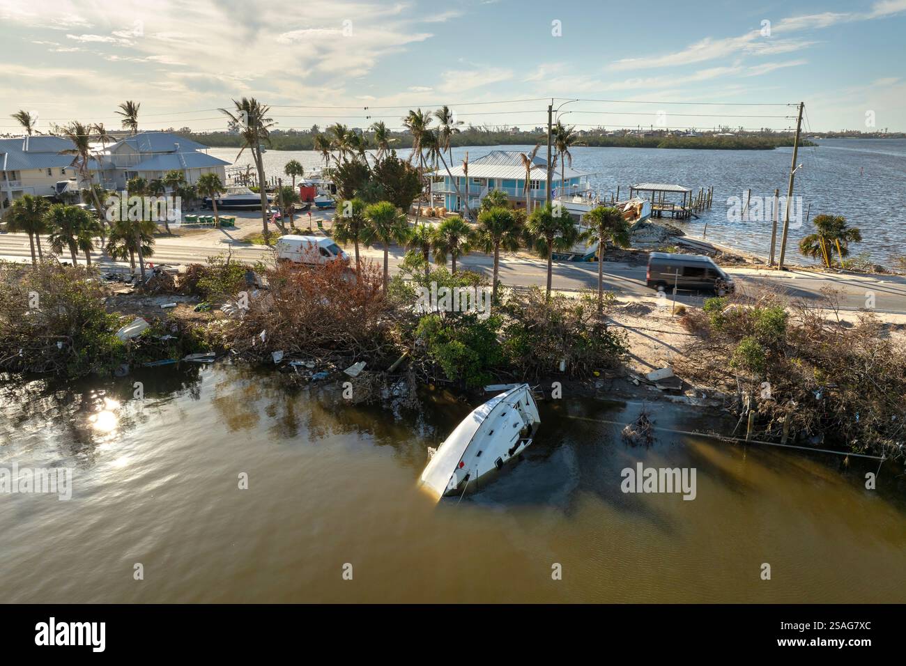 Hurricane Milton impact in Florida. Destroyed yachts after on bay shore ...