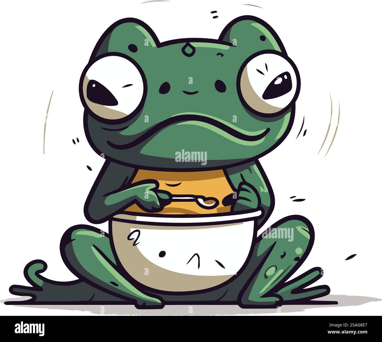 Cartoon frog eating a bowl of porridge. Vector illustration Stock ...