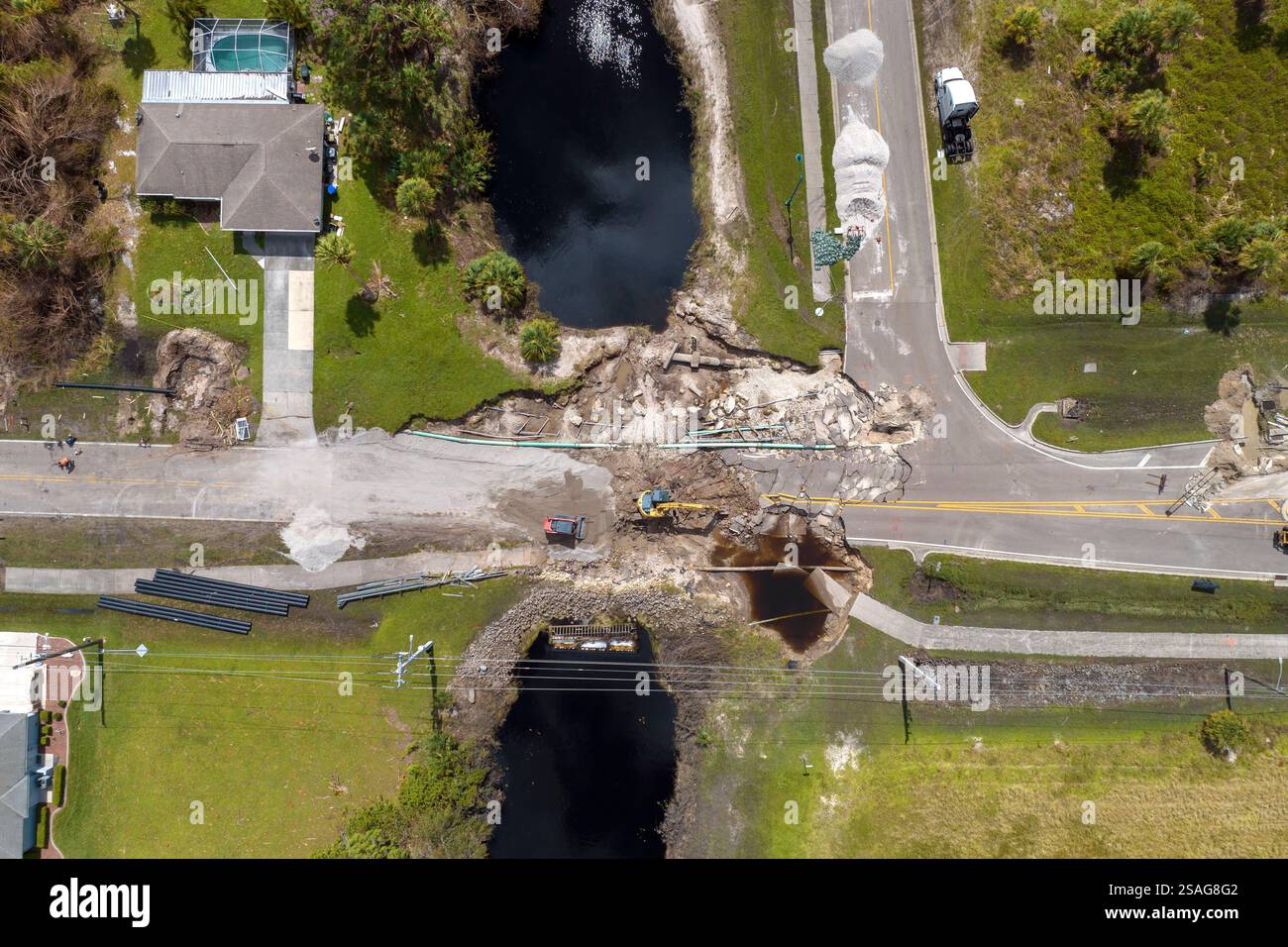 Repair of destroyed bridge after hurricane flood in Florida ...