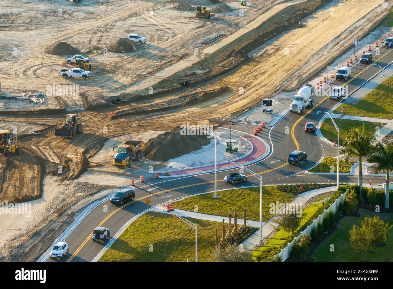 Roundabout intersection construction in North Port, Florida. Development of American road circle ...