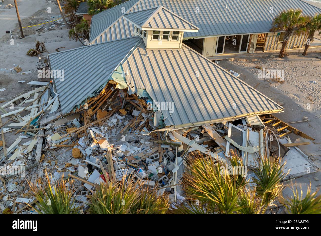 Storm surge caused by hurricane wind severe damaged residential houses ...