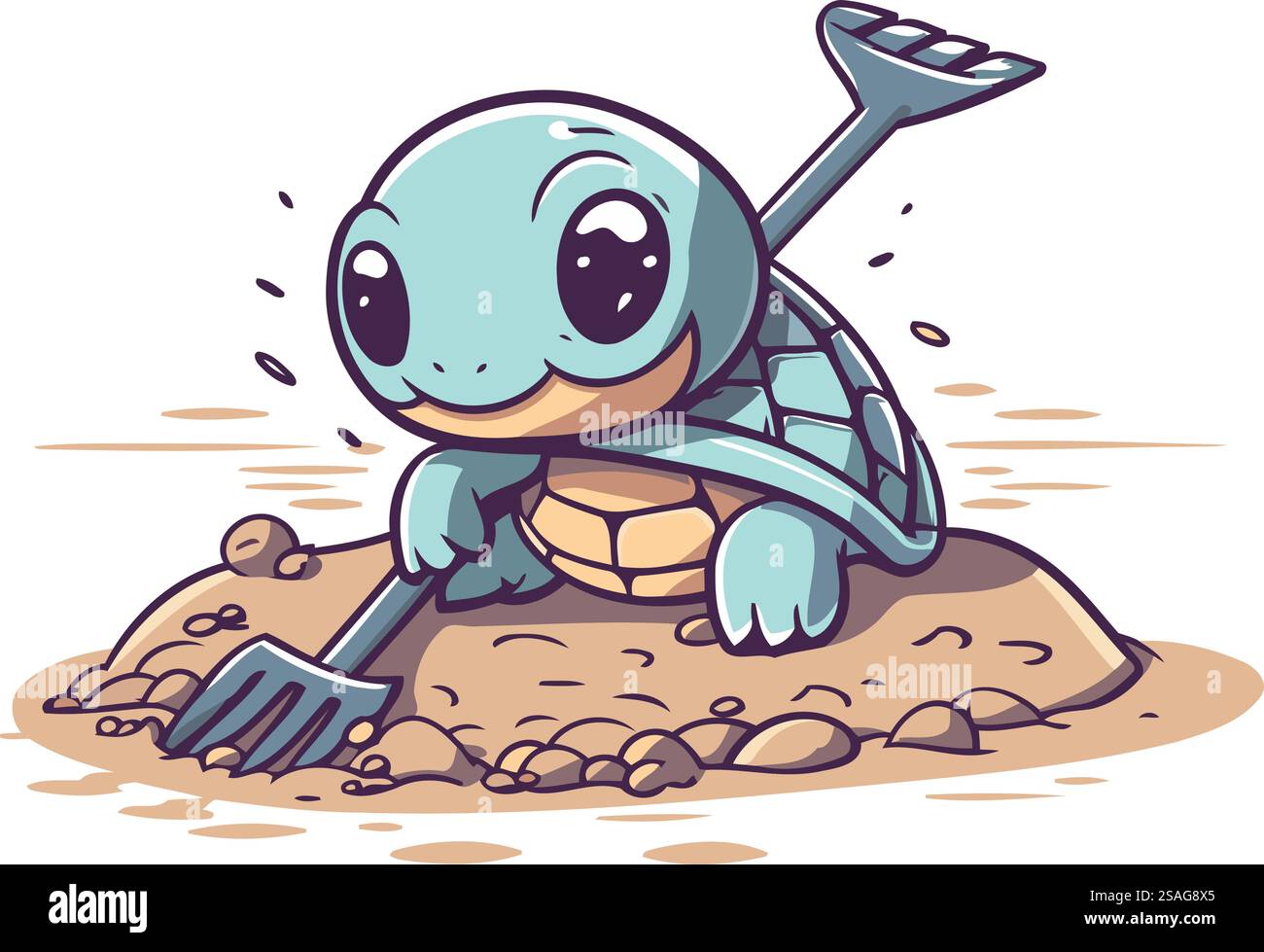 Cute little turtle digging a hole in the ground vector illustration ...