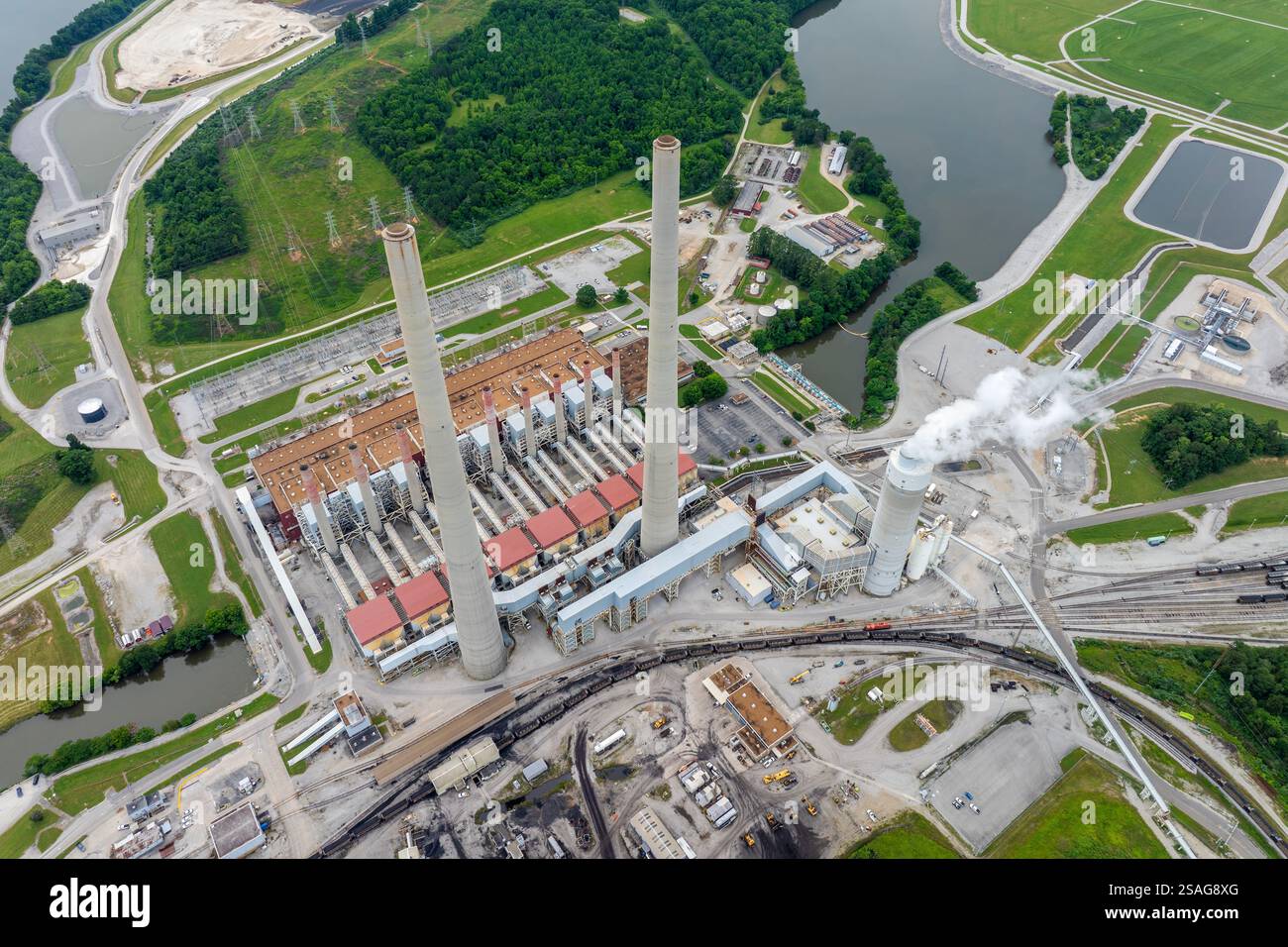 Thermal power station producing electricity by burning coal fossil fuel ...