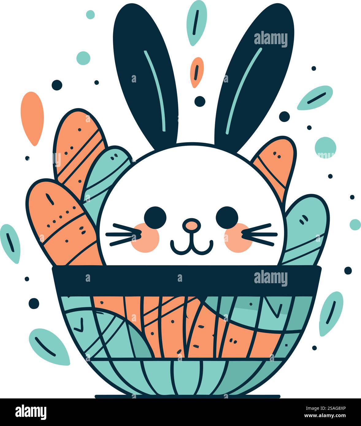 Cute Easter bunny in a basket with eggs. Vector illustration Stock ...