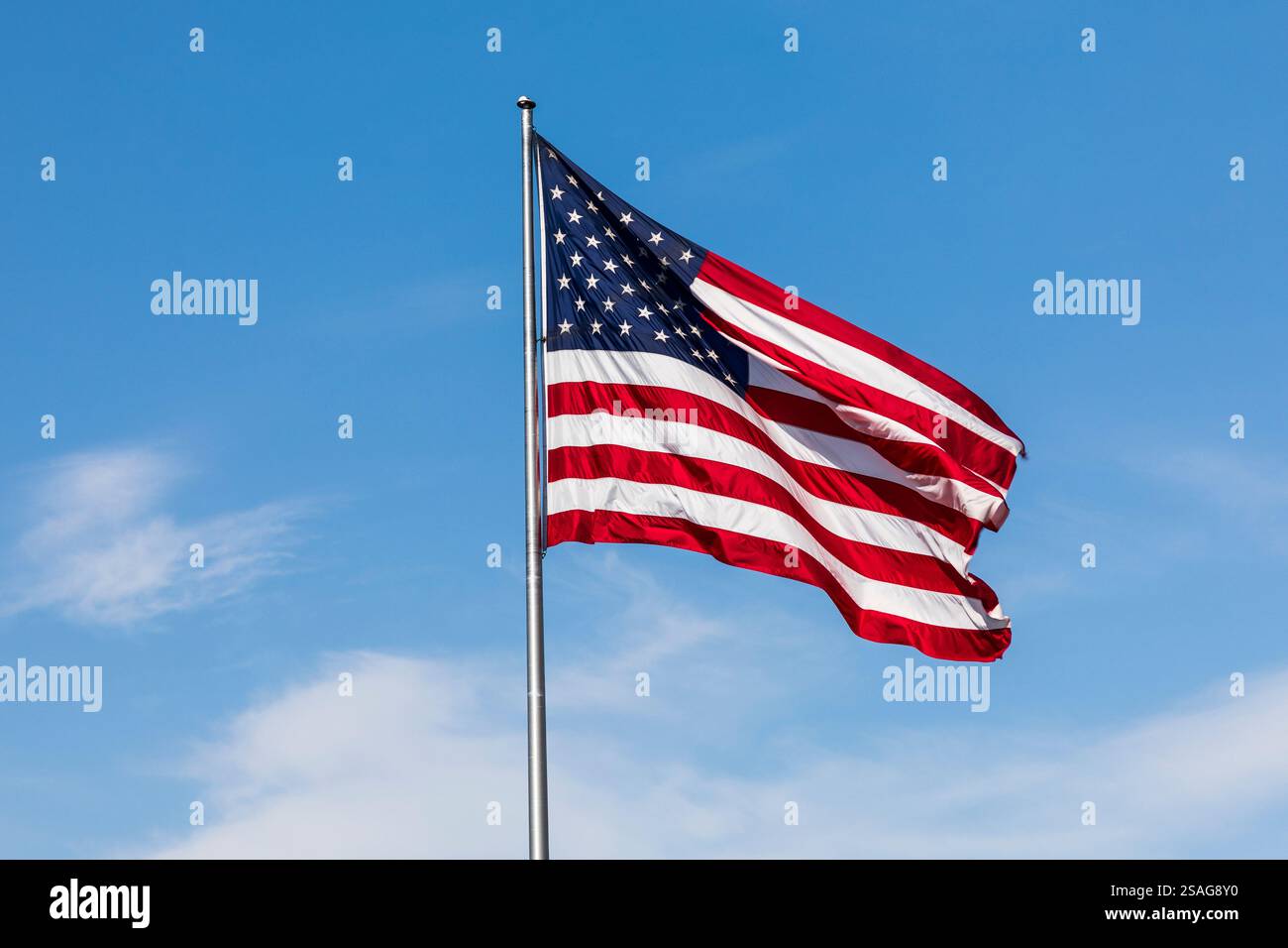 USA, Washington State, Palouse. Pullman. USA Flag, blowing in breeze ...