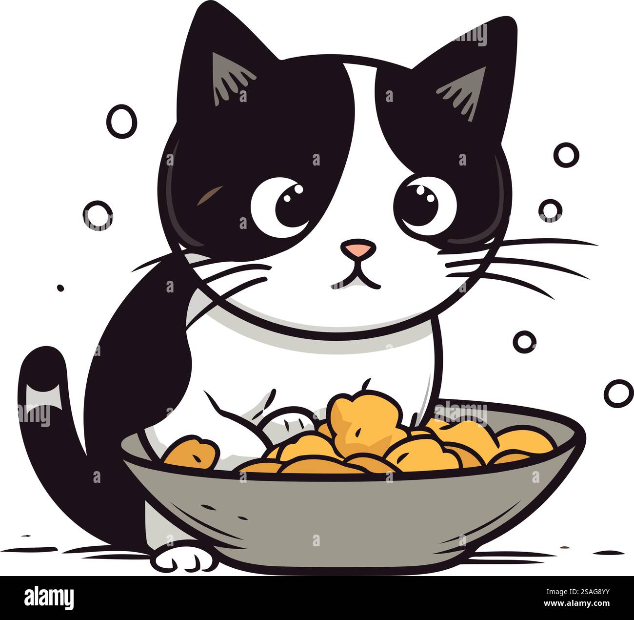 Cute black and white cat eating food from bowl. Vector illustration ...