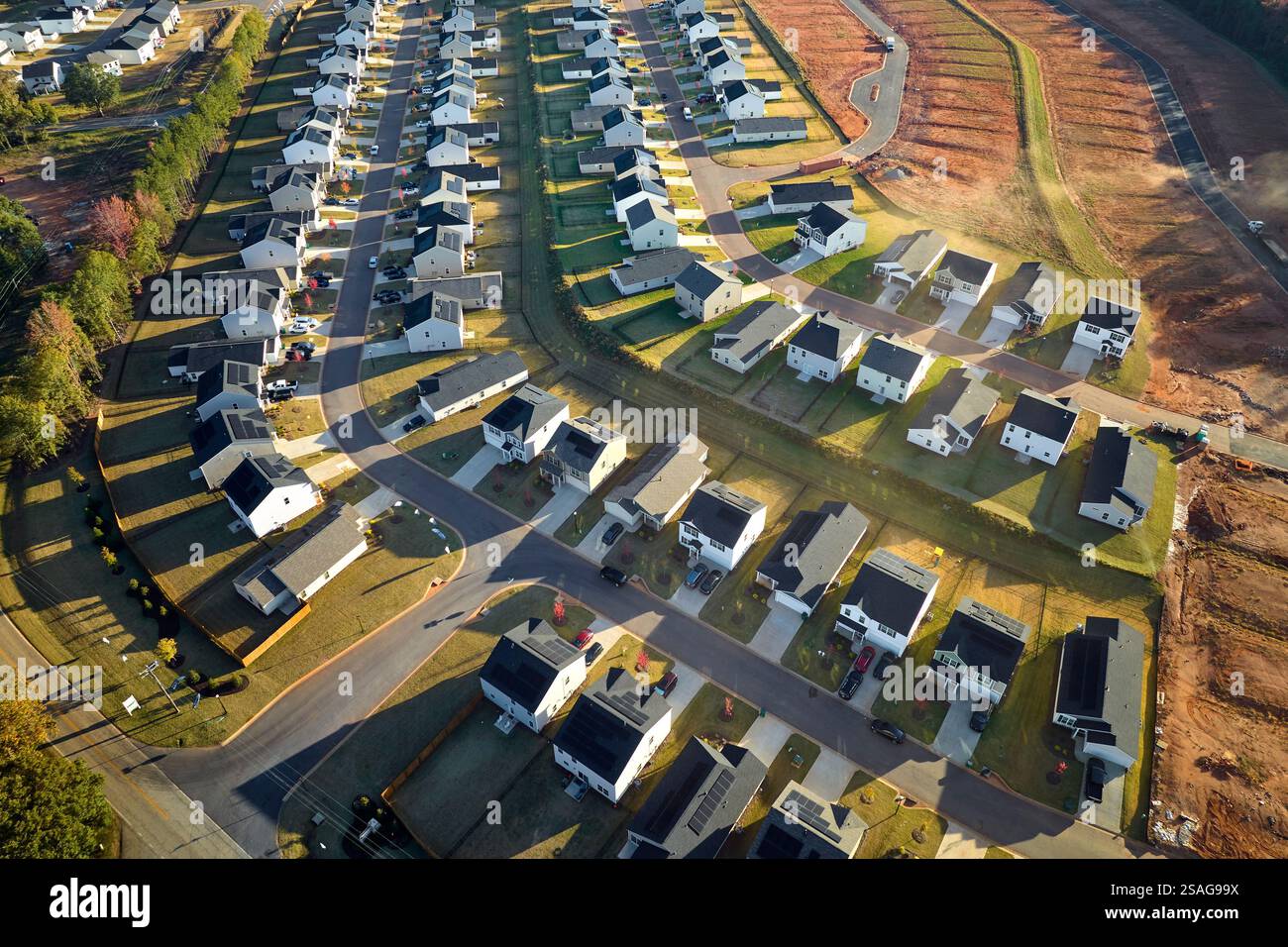 View from above of densely built residential houses under construction ...