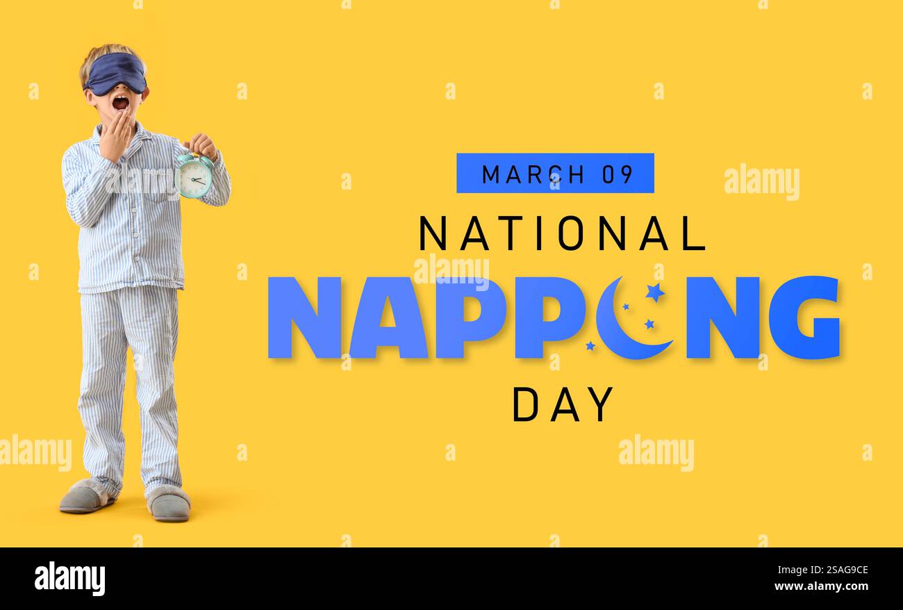 Banner for National Napping Day with sleepy little boy Stock Photo - Alamy