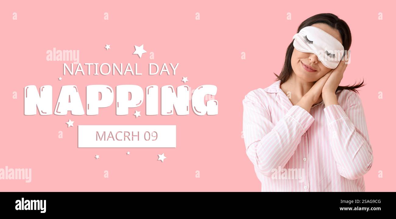 Banner for National Napping Day with sleepy young woman Stock Photo - Alamy