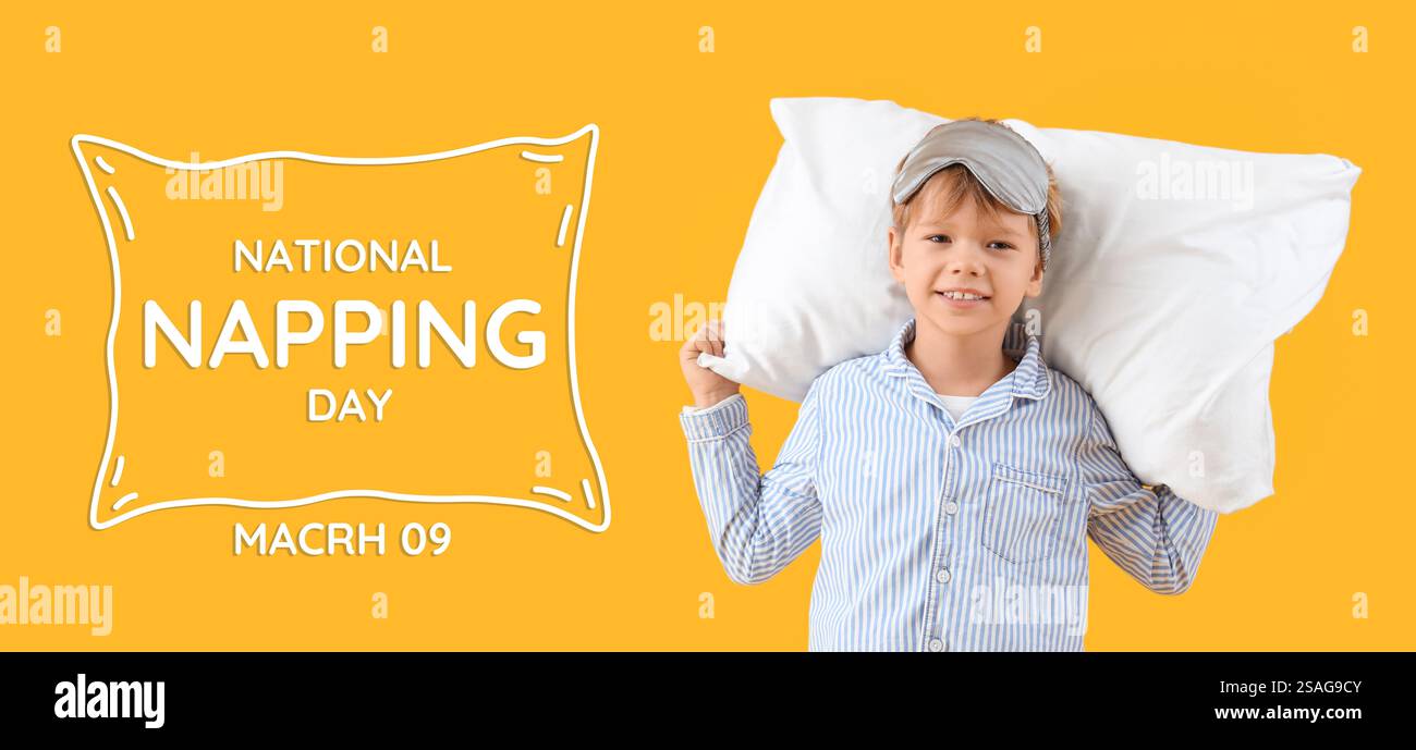 Banner for National Napping Day with happy little boy Stock Photo - Alamy